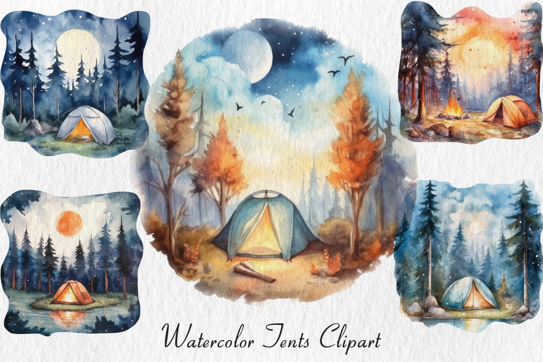 Watercolor Tent Clipart, Magical Camping, Tent Scene, Mountains, Forest ...