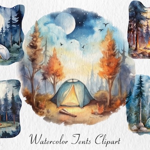 Watercolor Tent Clipart, Magical Camping, Tent Scene, Mountains, Forest ...