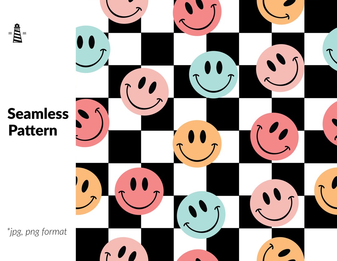 Groovy Happy Faces Seamless Pattern, Checkered Background With Smile ...