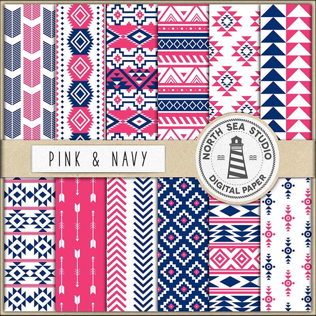 Native American, Aztec Digital Paper, Pink and Navy Tribal Backgrounds ...