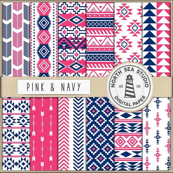 Native American Aztec Digital Paper Pink and Navy Tribal | Etsy