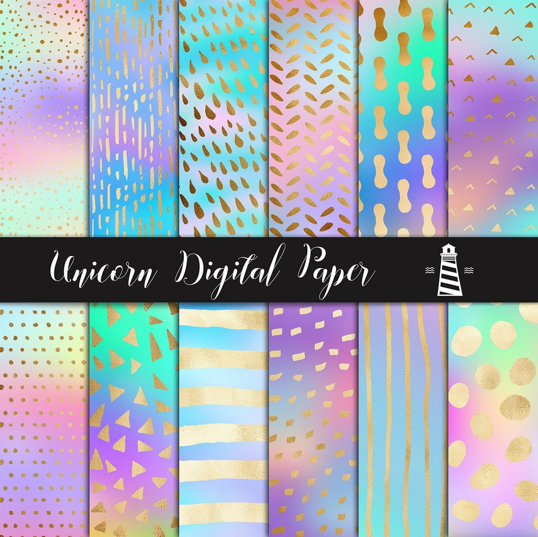 Unicorn & Gold Digital Paper, Unicorn Gradients With Gold Patterns ...