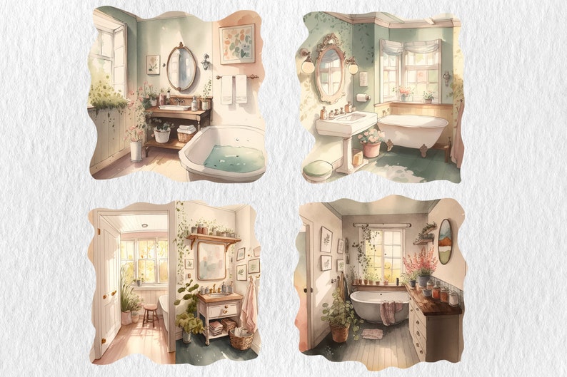 Watercolor Bathroom Clipart, Cozy Atmosphere, Cottage Style, Bath ...