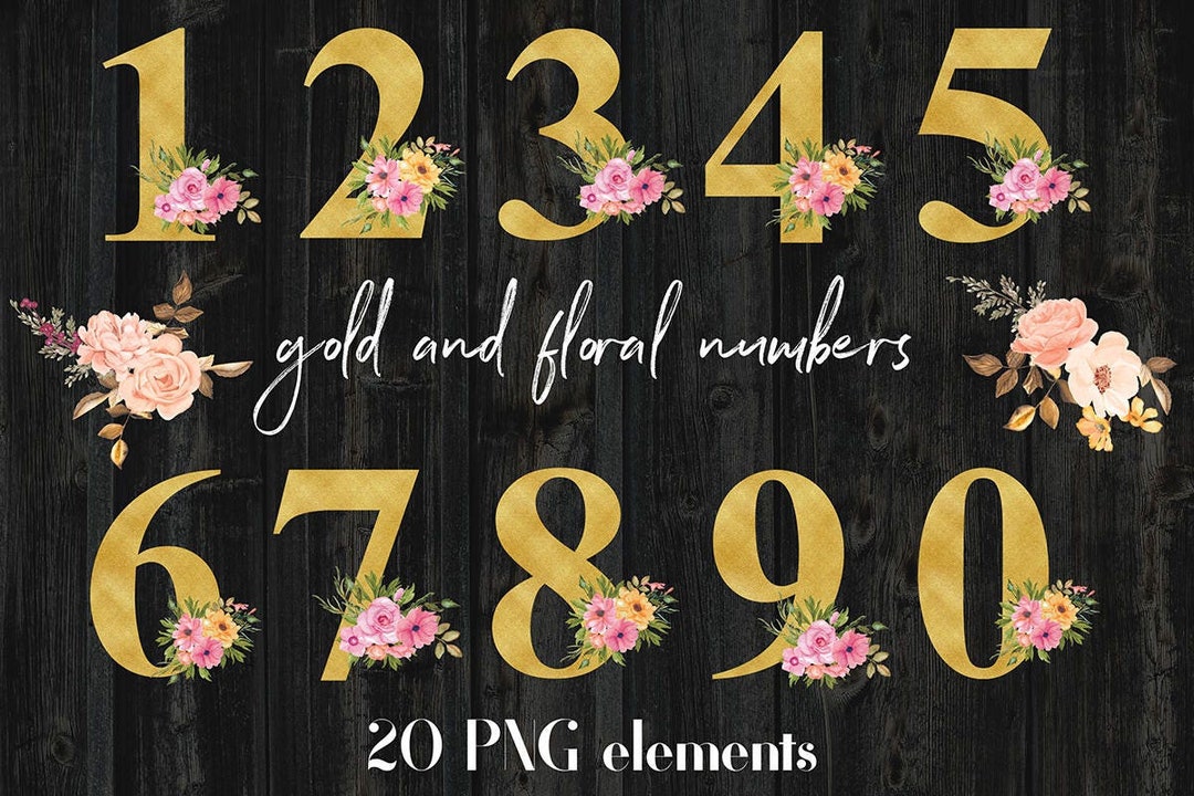 Gold and Floral Numbers Clipart, Gold Foil and Watercolor Flower ...