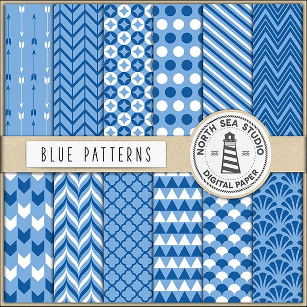 Blue Digital Paper, Blue Patterns, Chevron, Polkadot, Stripes ...