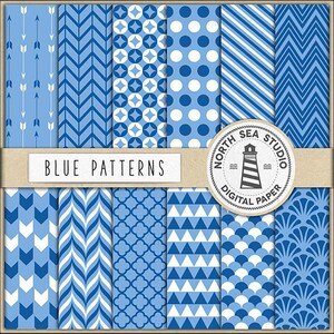Blue Digital Paper, Blue Patterns, Chevron, Polkadot, Stripes ...