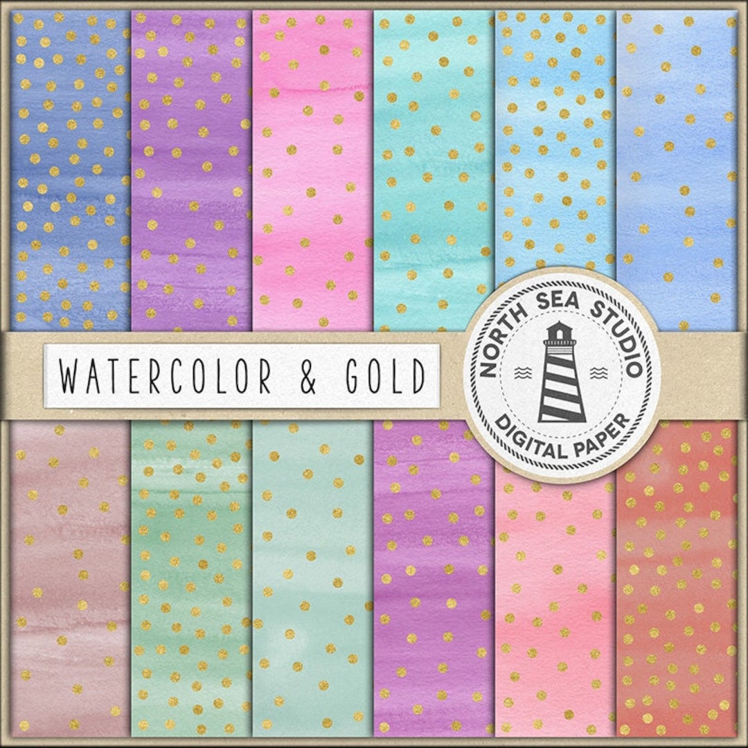 Watercolor Digital Paper With Gold Confetti, Colorful Watercolor Paper ...