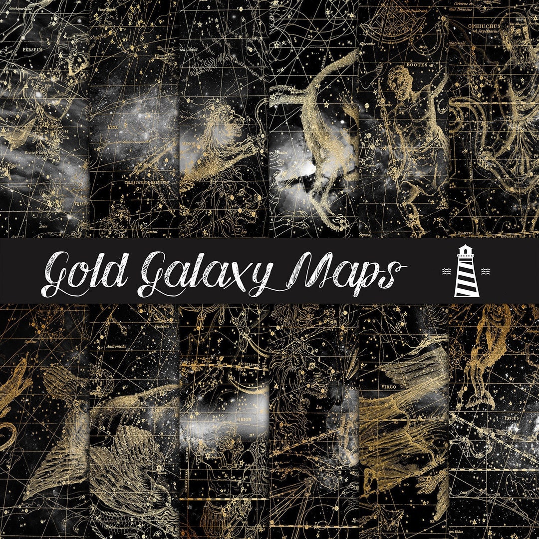 Galaxy Maps Digital Paper, Gold Galaxy Maps, Gold Astronomy Backgrounds ...