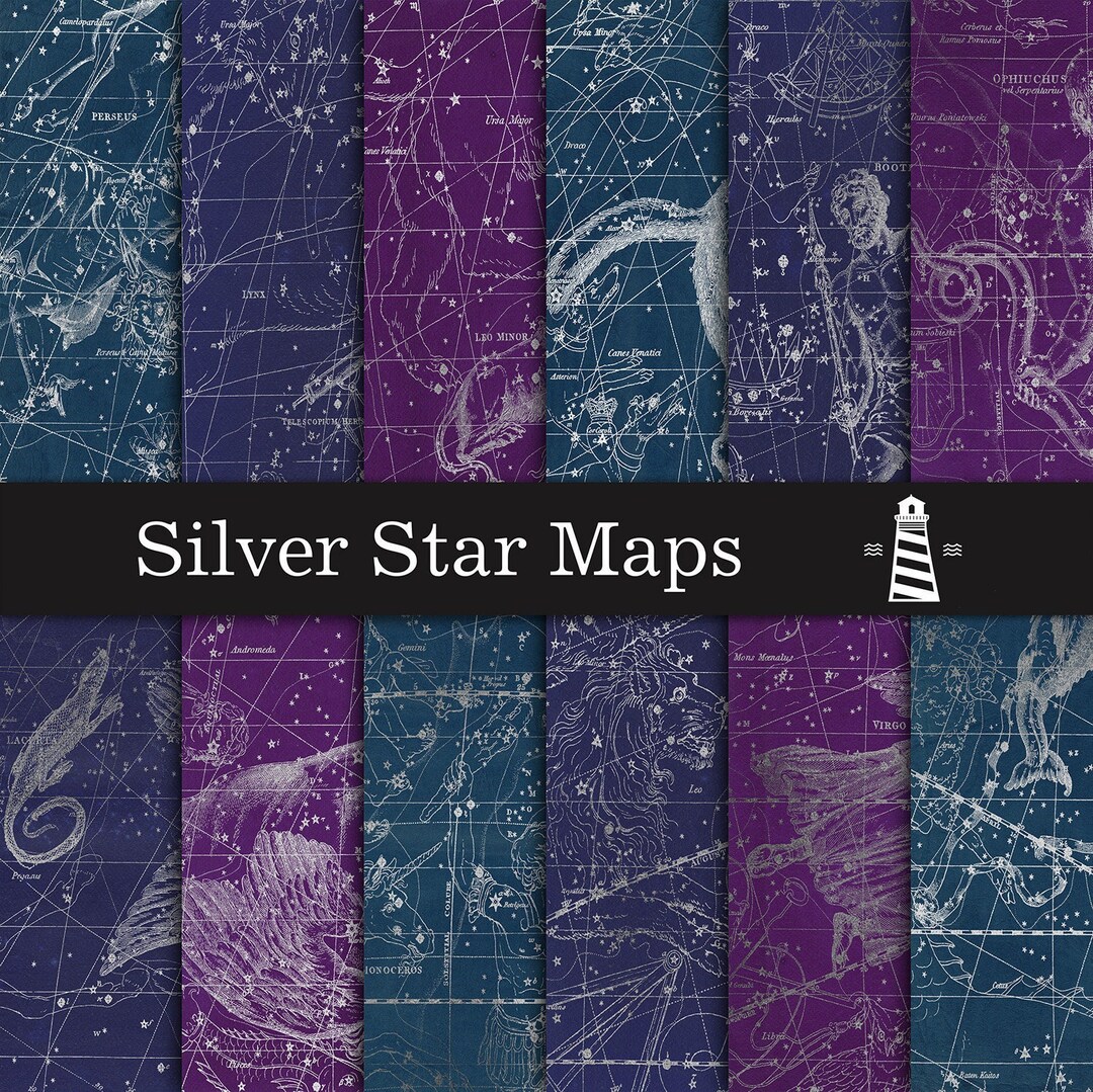 Silver Star Map Backgrounds, Silver Maps Digital Paper, Astronomy ...