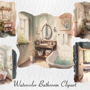 Watercolor Bathroom Clipart, Cozy Atmosphere, Cottage Style, Bath ...
