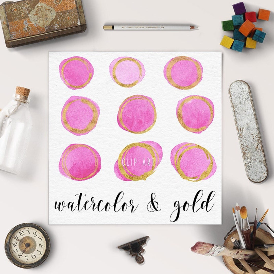 Watercolor and Gold Circle Clip Art Violet Watercolor Dots Gold and ...