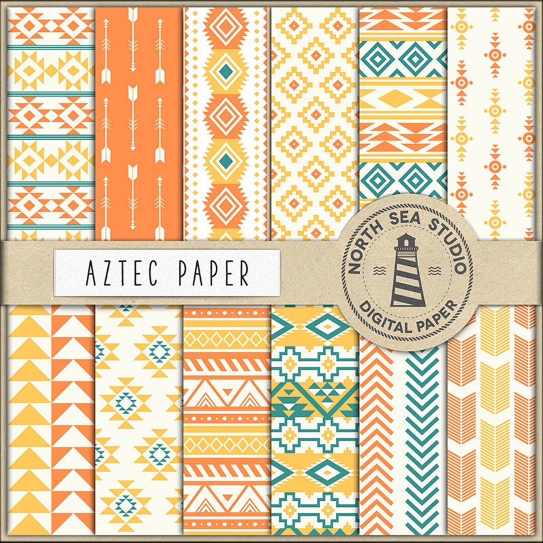 Native American, Aztec Digital Paper, Burnt Orange & Yellow Tribal ...