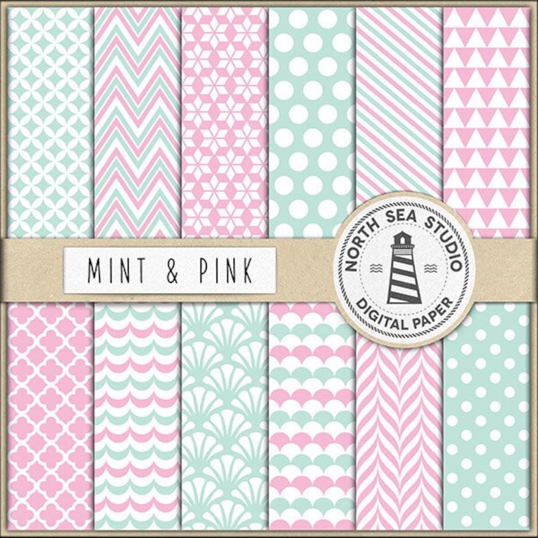 Mint and Pink Digital Paper Pack | Scrapbook Paper | Printable ...