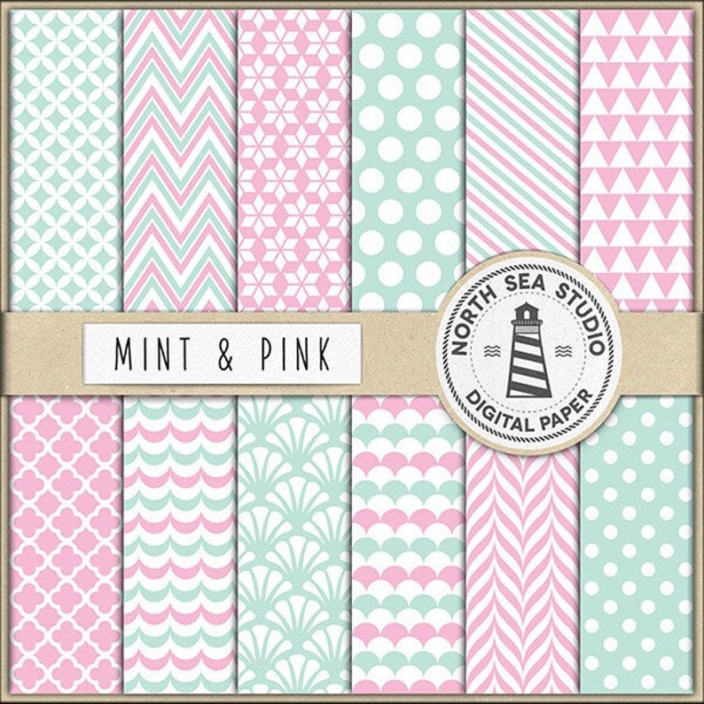 Mint and Pink Digital Paper Pack | Scrapbook Paper | Printable ...