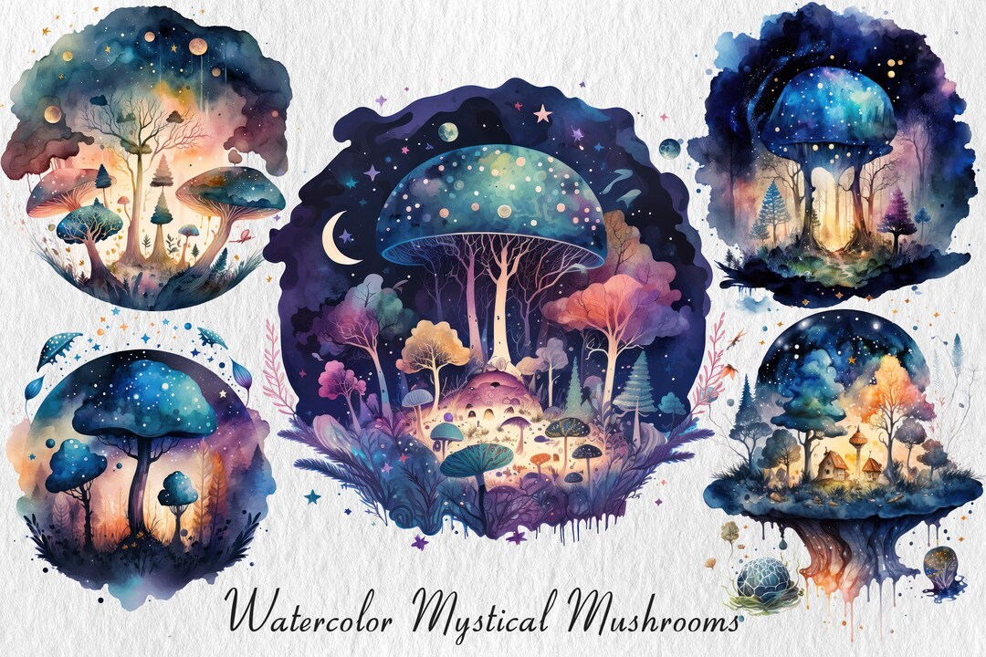 Watercolor Magical Mushrooms Clipart, Cosmic Mystical Mushrooms, Spacey ...