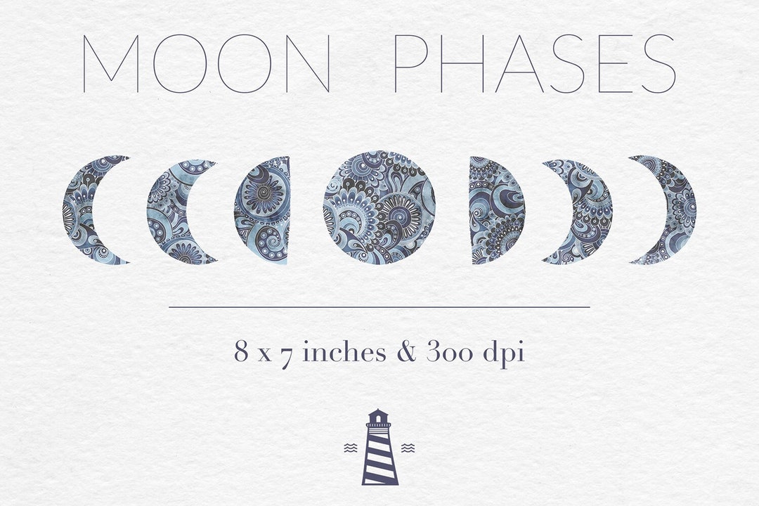 Moon Phases Clipart, Lunar Graphics, Patterned Moon Images, Logo Design ...