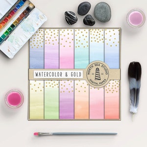 Aquarele & Gold, Watercolor Digital Paper With Gold Confetti, Colorful ...