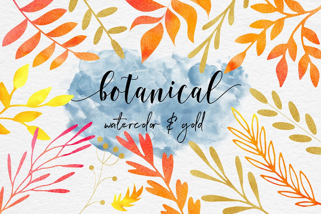Watercolor and Gold Botanical Clipart, Hand Painted Watercolor & Gold ...