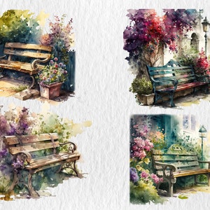Watercolor Benches Clipart Garden Bench Cottage Clip Art - Etsy