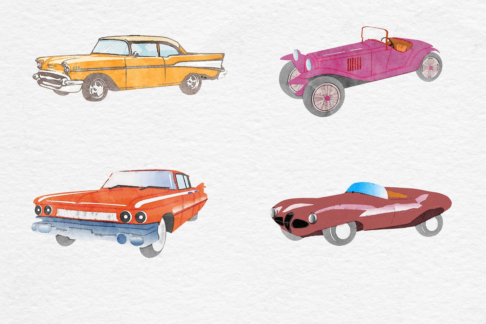 Watercolor Cars Clipart Vintage Car Images Watercolor Retro - Etsy