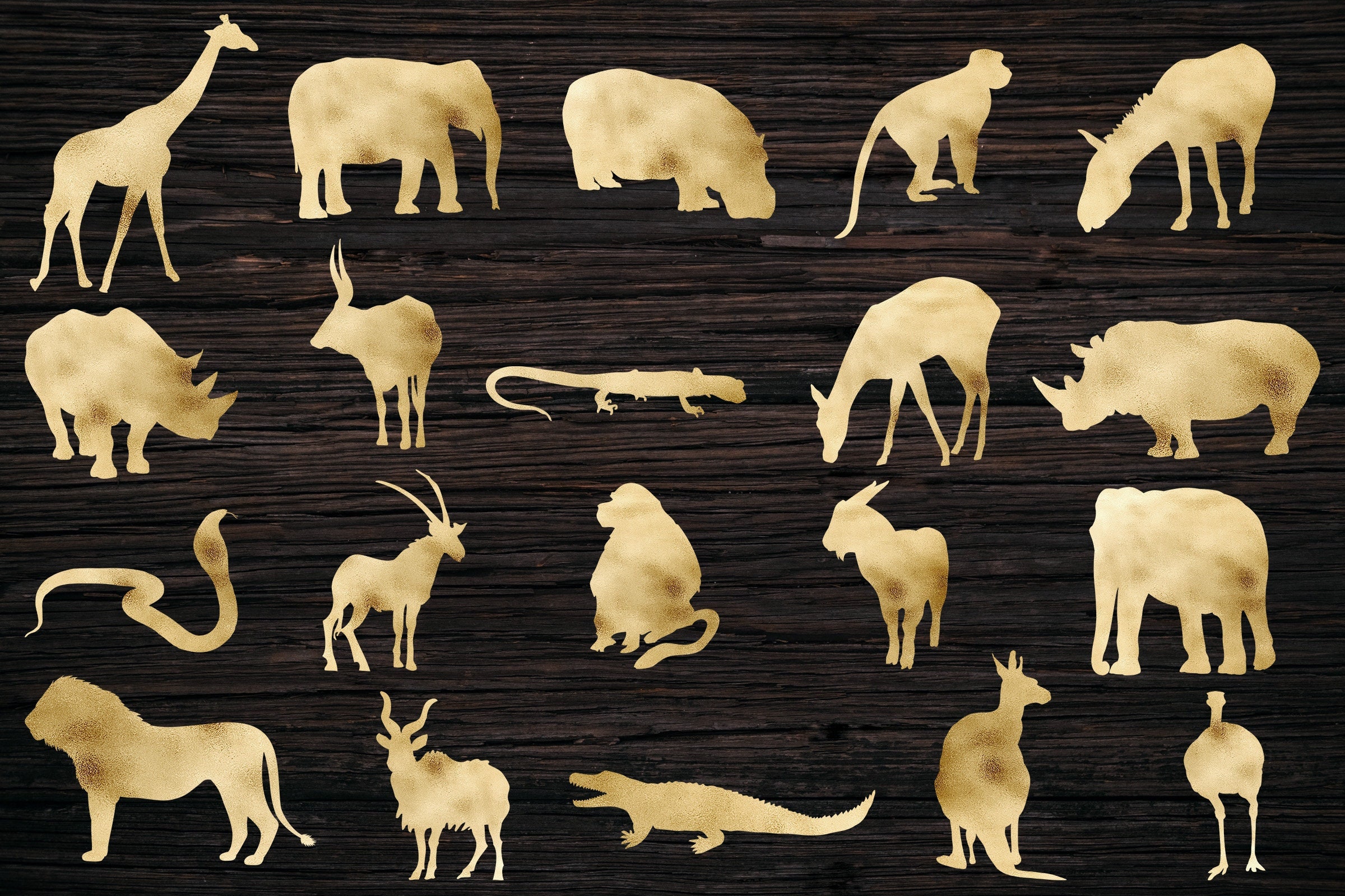 Safari Animals Clipart, Gold Wild Animals, Silhouettes Clipart, Lion ...