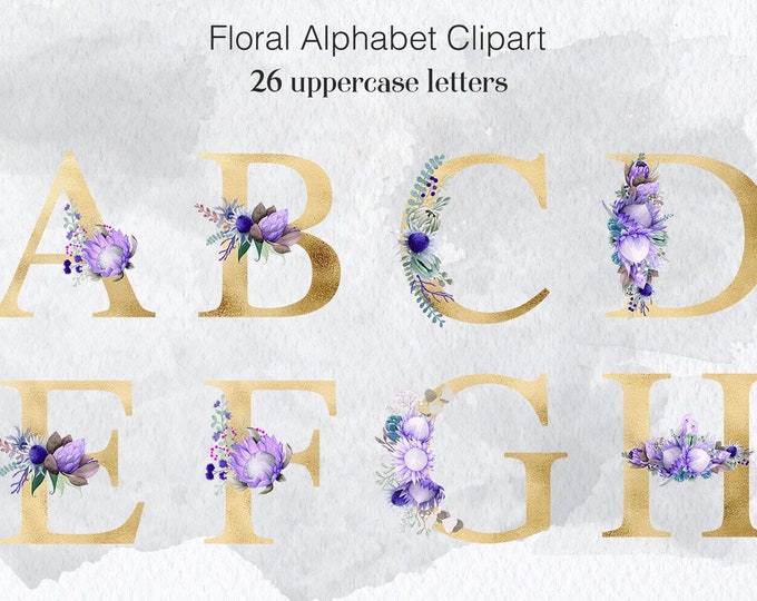 Brushed Gold Glitter Watercolour Floral Embellished Letters Clipart ...