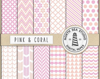 Coral and Navy Digital Paper Pack Digital Paper Commercial - Etsy