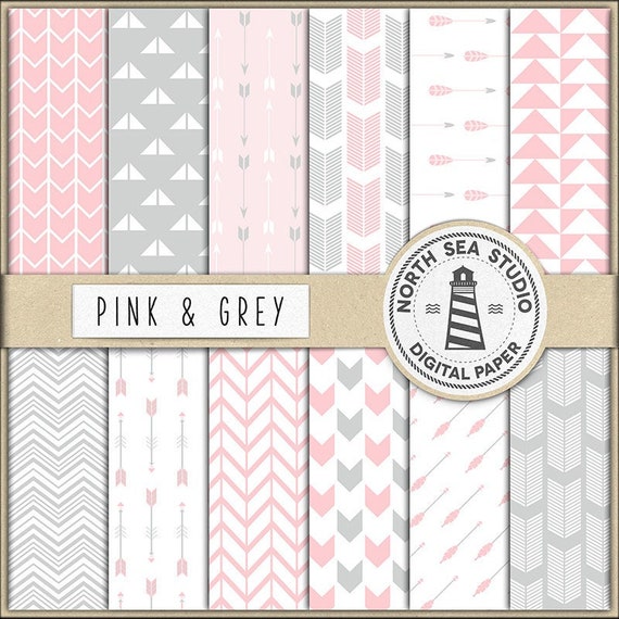 Grey and Pink Arrow Digital Paper Scrapbook Paper - Etsy