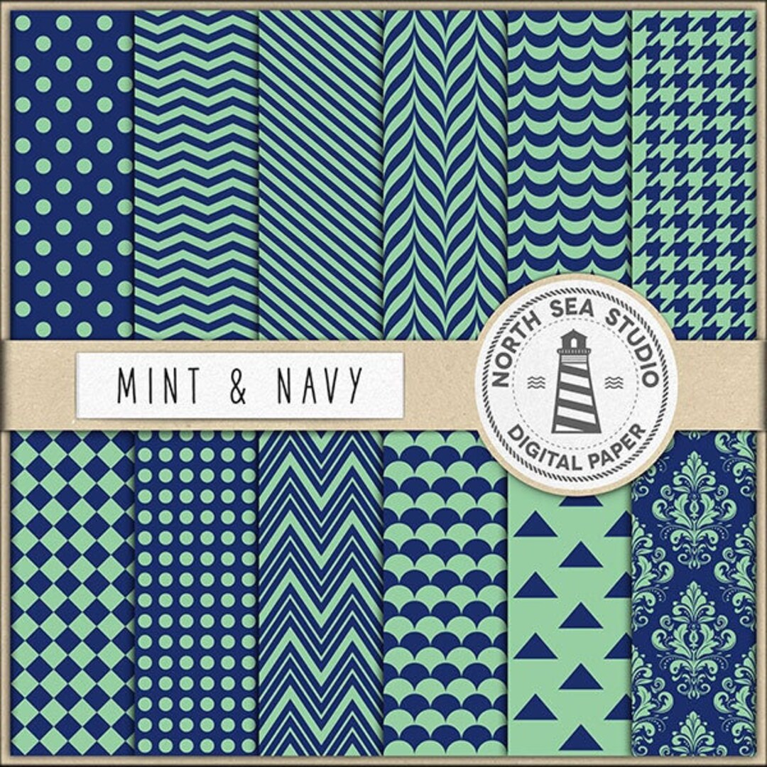 Mint and Navy Digital Paper Pack Scrapbook Paper Instagram Backgrounds ...