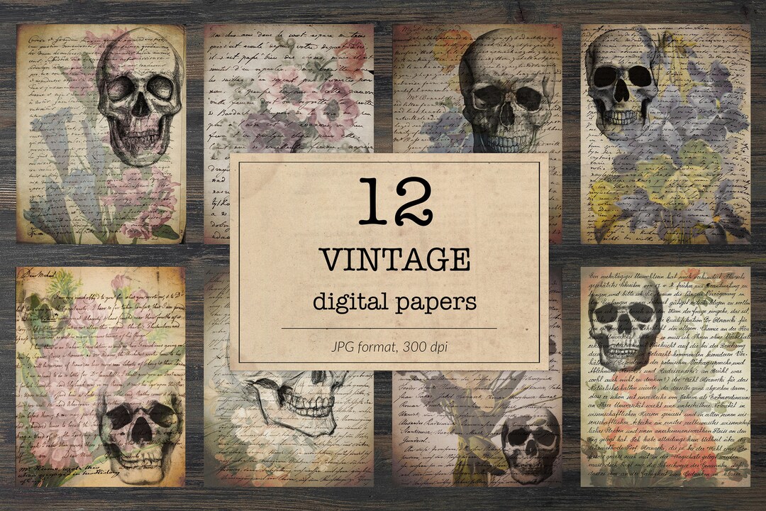 Old Letters Digital Paper, Flowers & Skulls, Junk Journal Papers, Skull ...