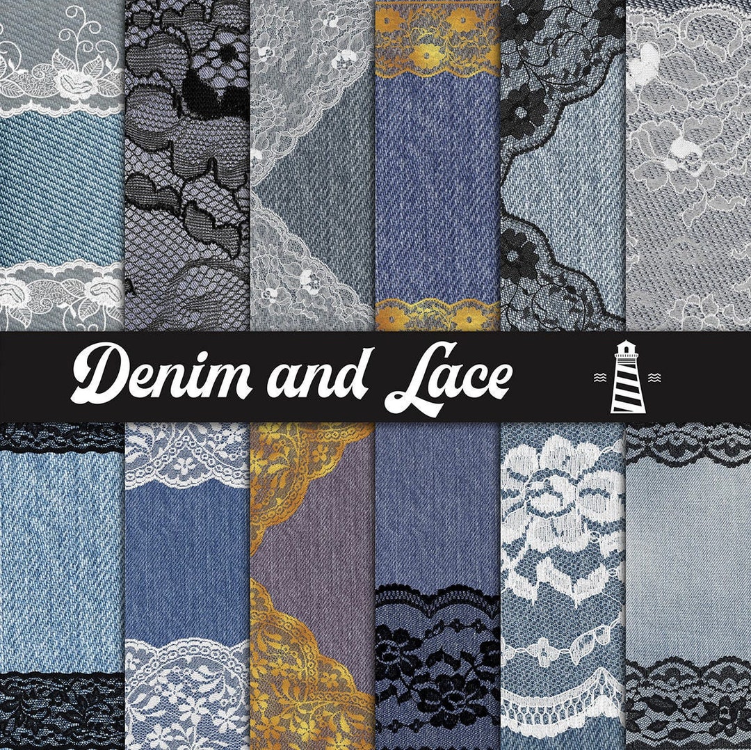 Jeans and Lace Digital Paper, Denim Backgrounds With Lace Borders ...