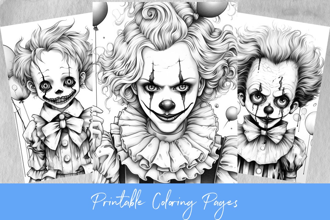 Little Creepy Clown Coloring Pages, Grayscale Coloring Page, Scary ...
