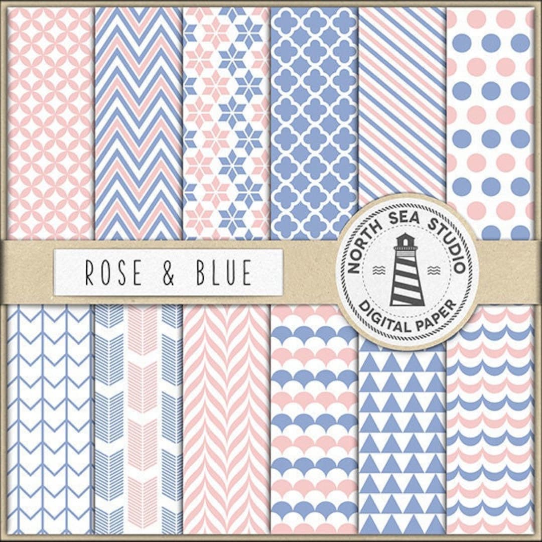 Pink Rose and Blue Digital Paper Pack Scrapbook Paper Pink Rose & Blue ...