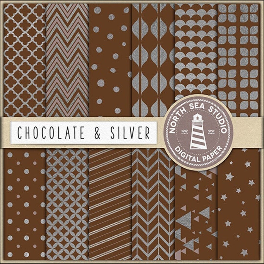 Chocolate Digital Paper, Chocolate Scrapbook Papers, Silver Patterns ...