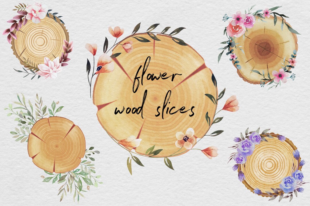 Wood Slices Watercolor Clipart, Floral Wood Slices, Watercolor Tree ...