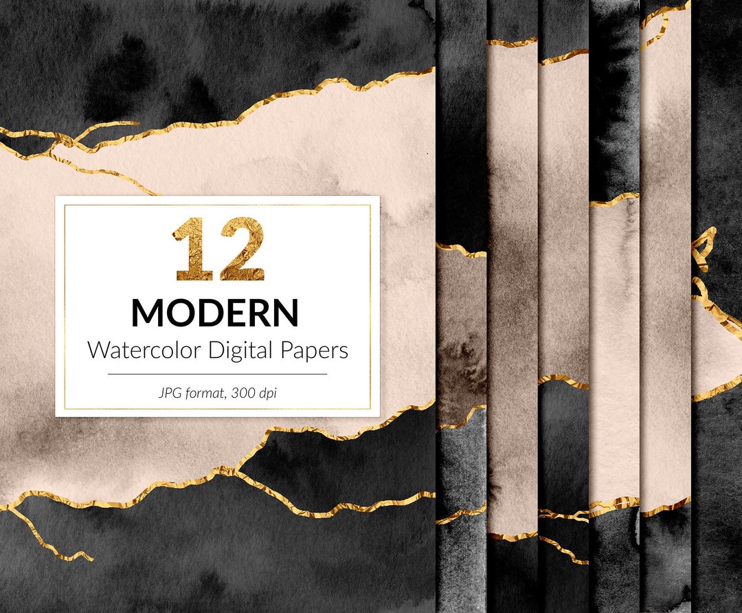 Black Watercolor & Gold Digital Paper, Gold Vein Textures, Watercolor ...