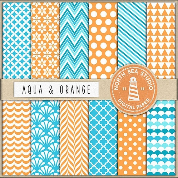 Aqua and Orange Digital Paper Pack Scrapbook Paper | Etsy