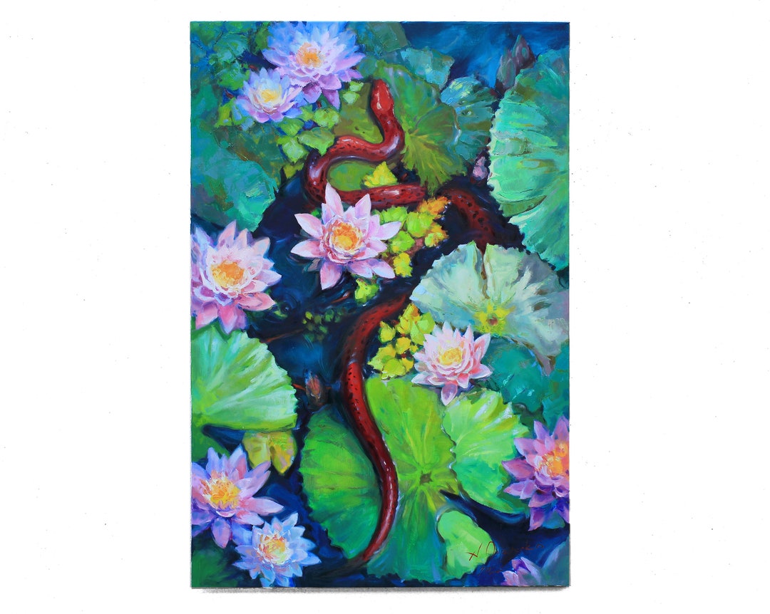 Snake in Flowers - Original Oil Painting Snake in Pink Water Lilys Oil ...