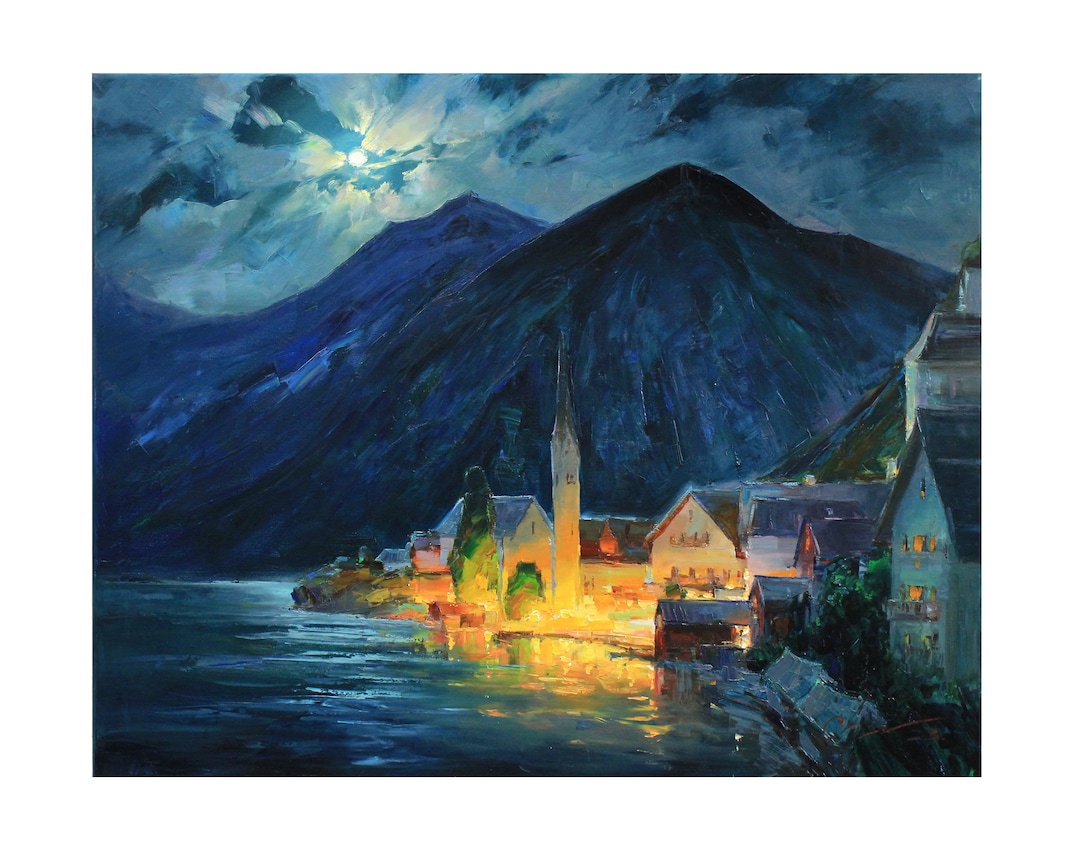 Hallstatt, Austria - Original Oil Landscape Painting, Austria Night ...