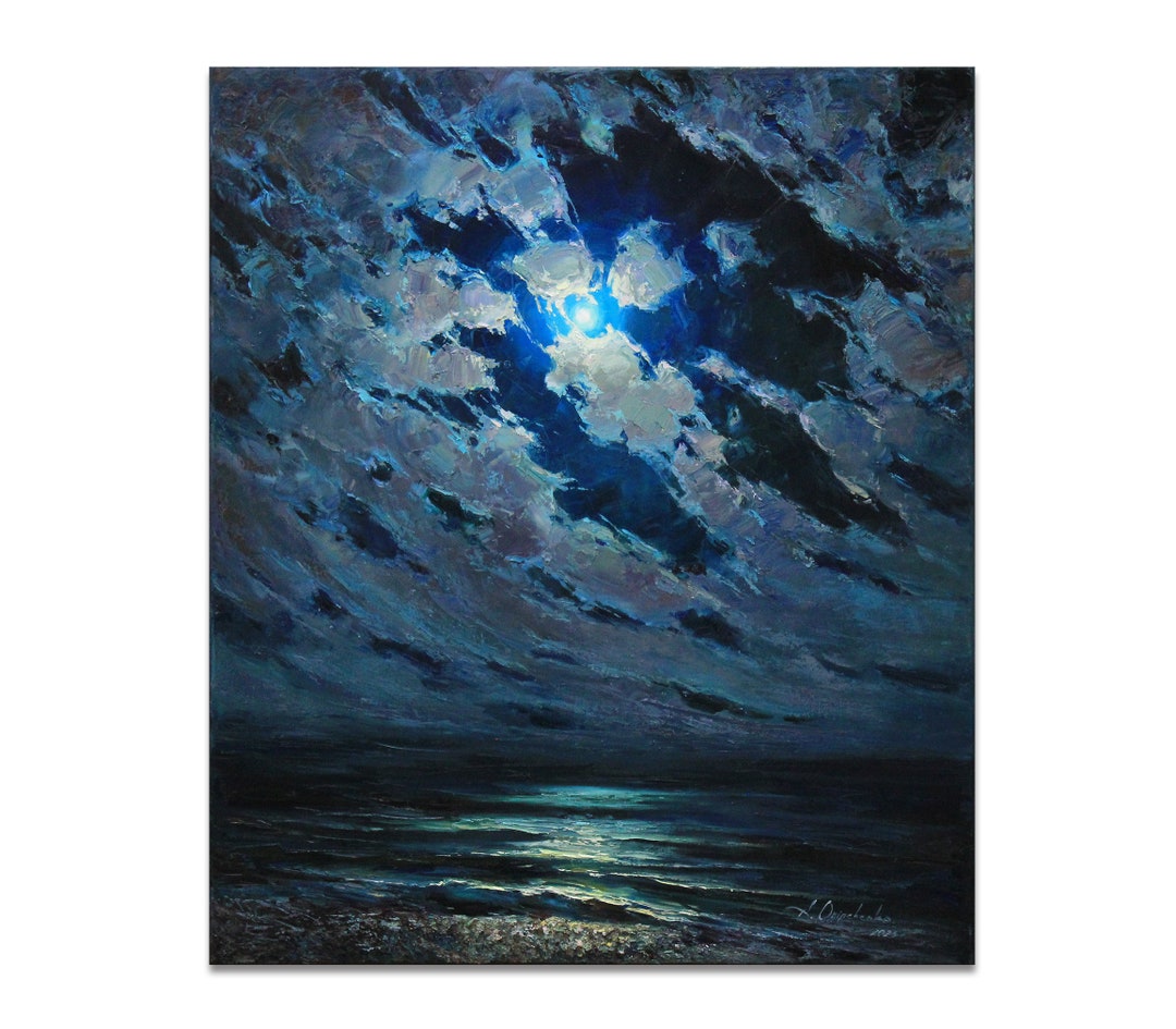 Moon Oil Painting Original, Night Sky Painting, Gothic Artwork, Cloud ...