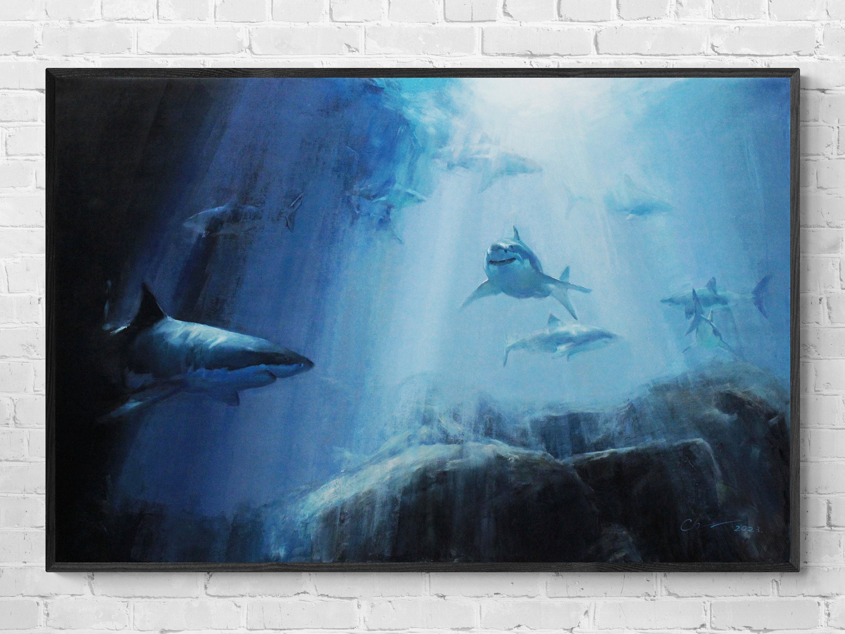 Underwater Painting, Shark Wall Art, Ocean Life Painting, Great White ...