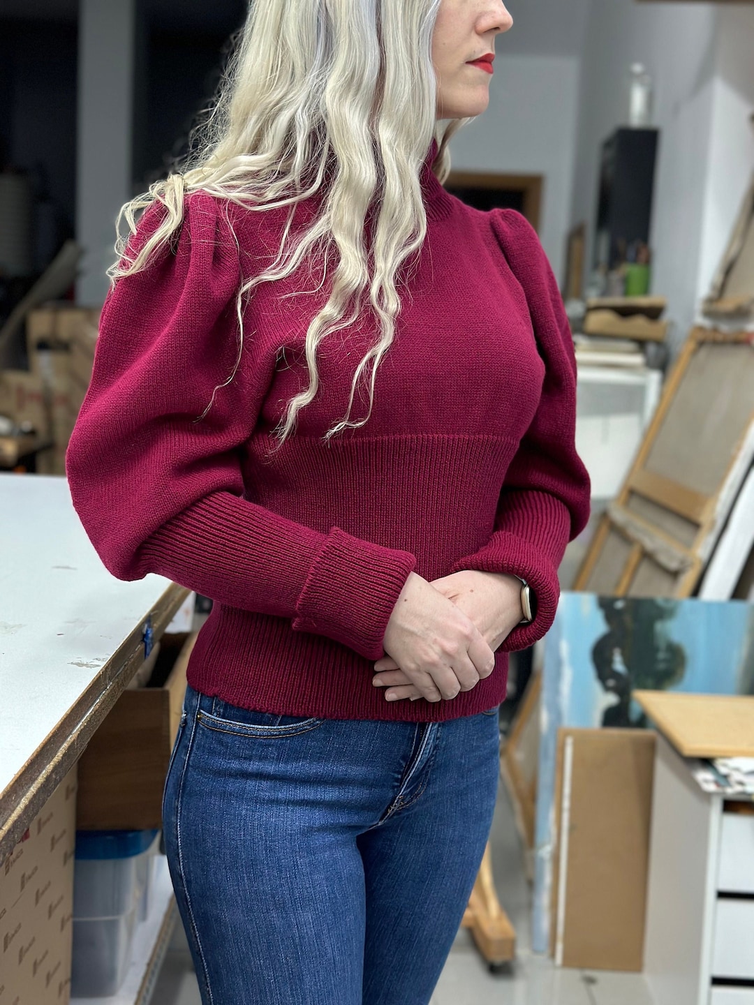 Women's Victorian Sweater 1897 Leg of Mutton Cycling Jumper Burgundy ...