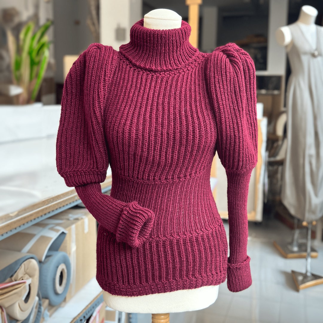 Hand Knitted Victorian Maroon Jersey: Leg of Mutton Vegan Wool Sweater ...
