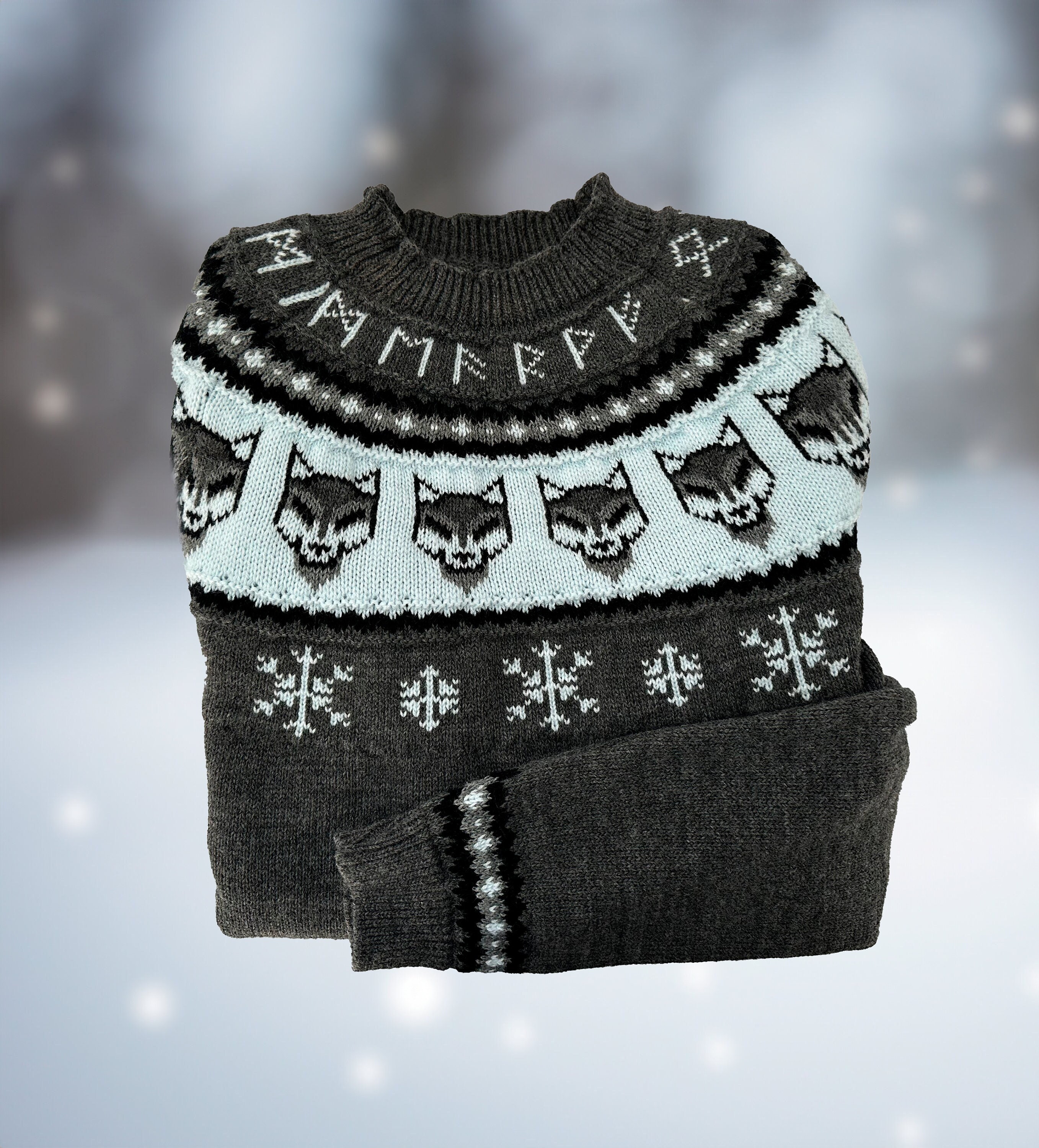 Handmade Wolves & Runes Sweater: Vegan Acrylic Wool Winter Jumper - Etsy
