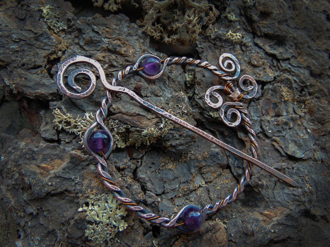 Celtic Copper Brooch, Viking Brooch, Copper Cloak Pin, Amethyst Cloak ...