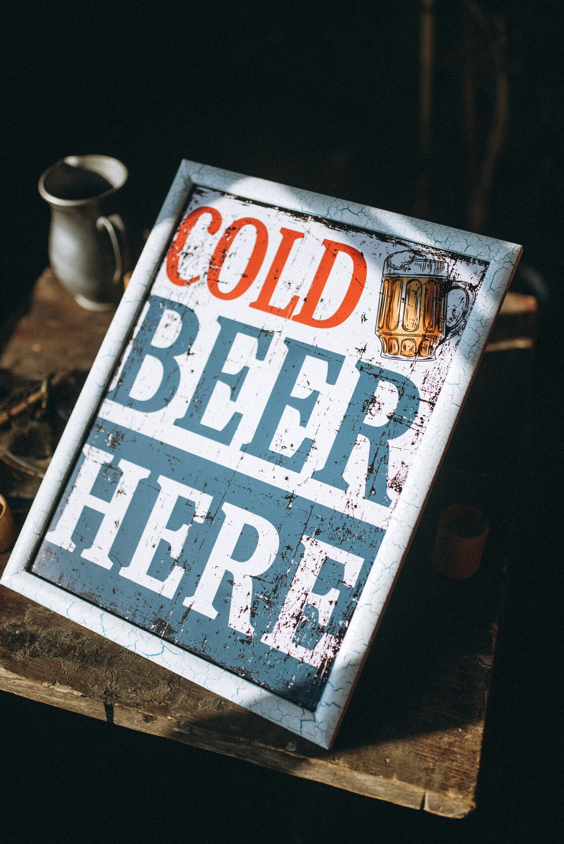 Cold Beer Here, White Distress Frame, Poster Vintage, Beer Poster ...