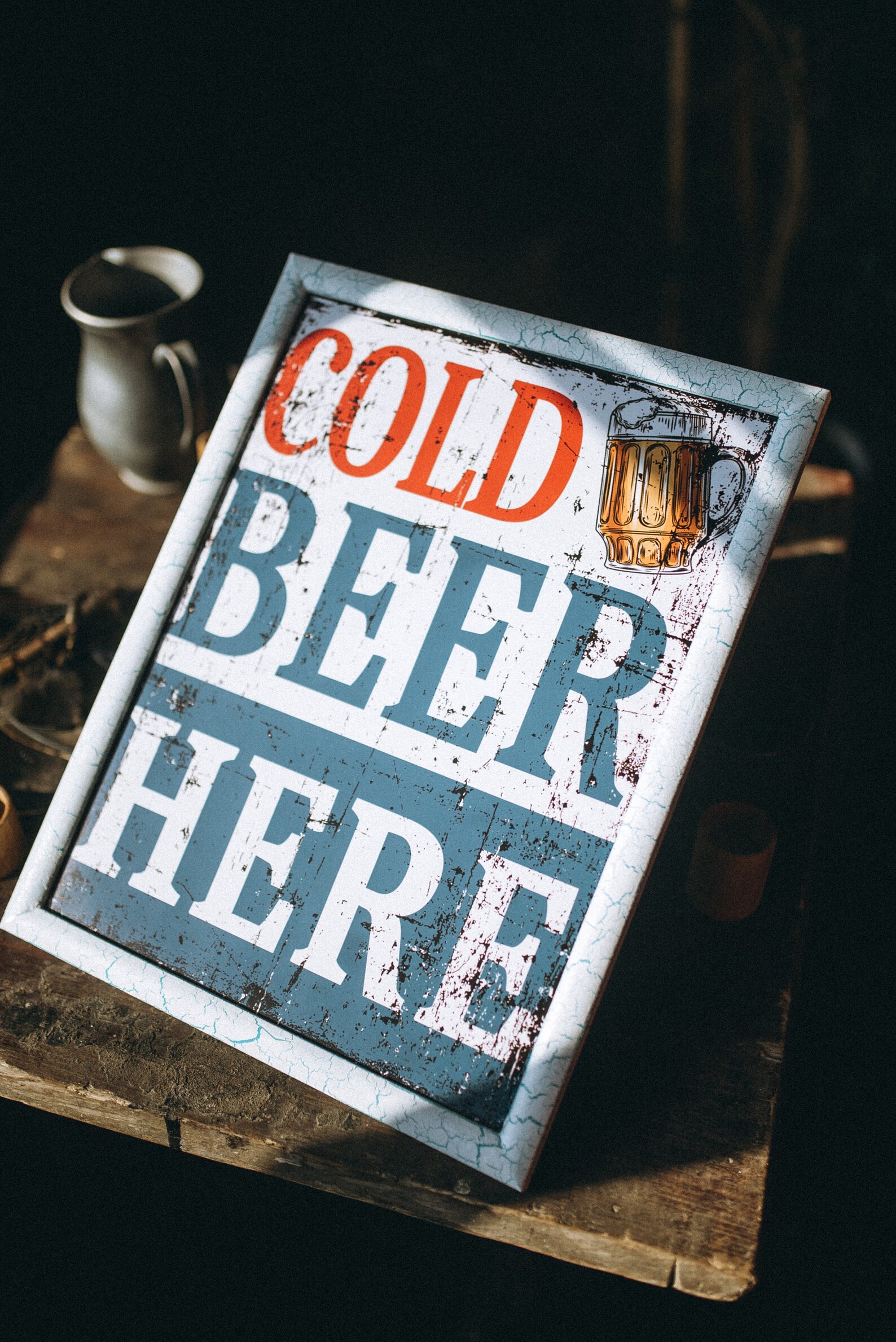 Cold Beer Here, White Distress Frame, Poster Vintage, Beer Poster ...