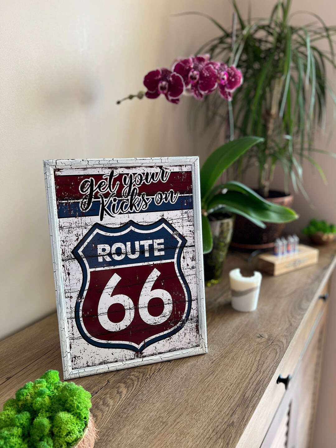 Route 66 Sign Poster + Weathered Wood White Frame, Route 66 Print ...