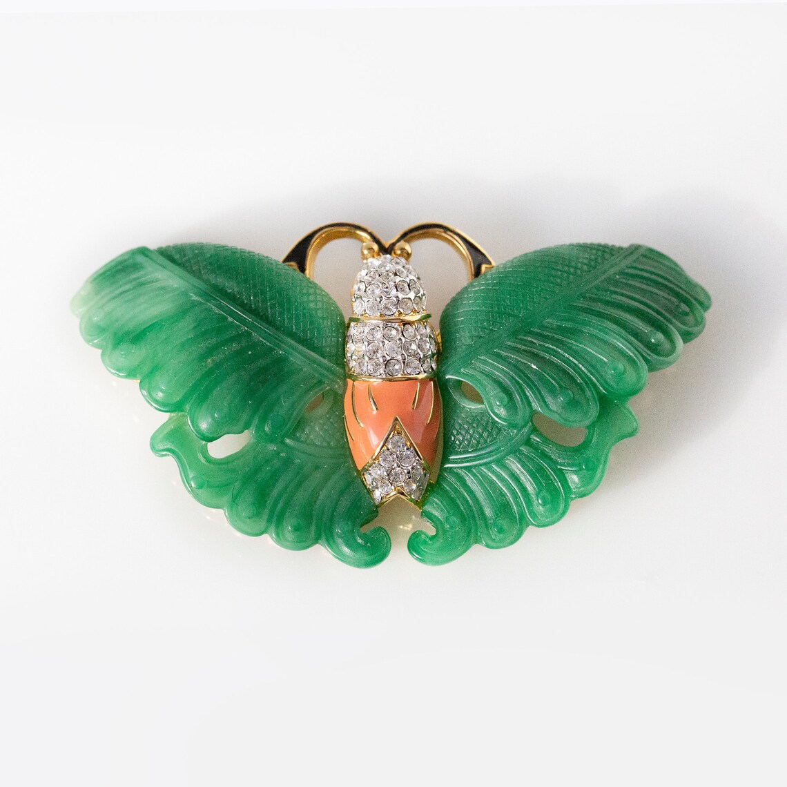 Kenneth Jay Lane Butterfly Brooch With Green Resin Wings Gold Detail ...