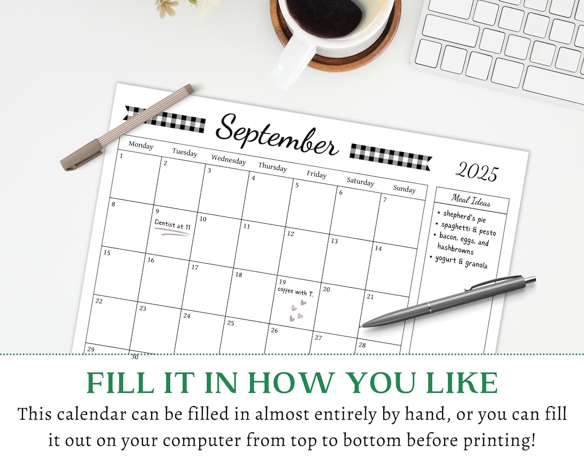 Printable 2025 Editable Calendar With Black Gingham | Monthly Editable ...